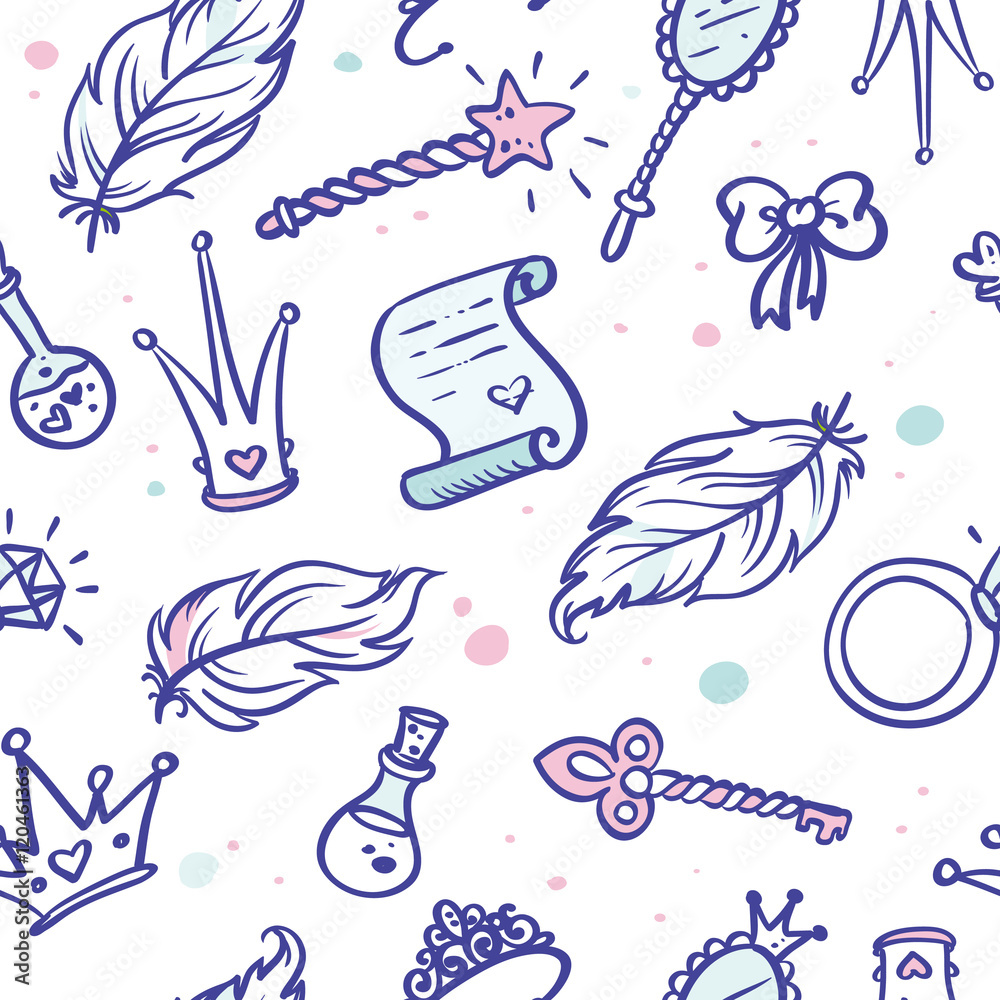 Hand-Drawn Princess Doodle Design Elements pattern. Vector seamless ...