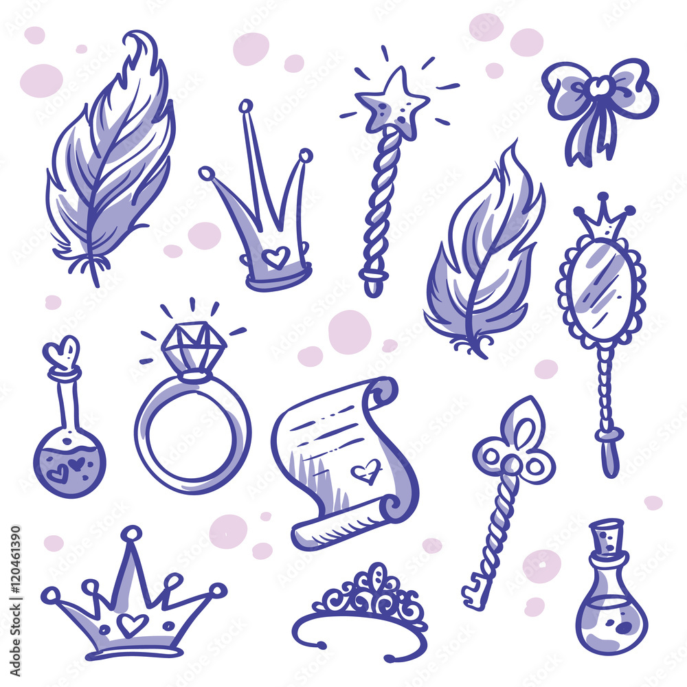 Hand-Drawn Princess Doodle Design Elements set. Vector Illustration ...