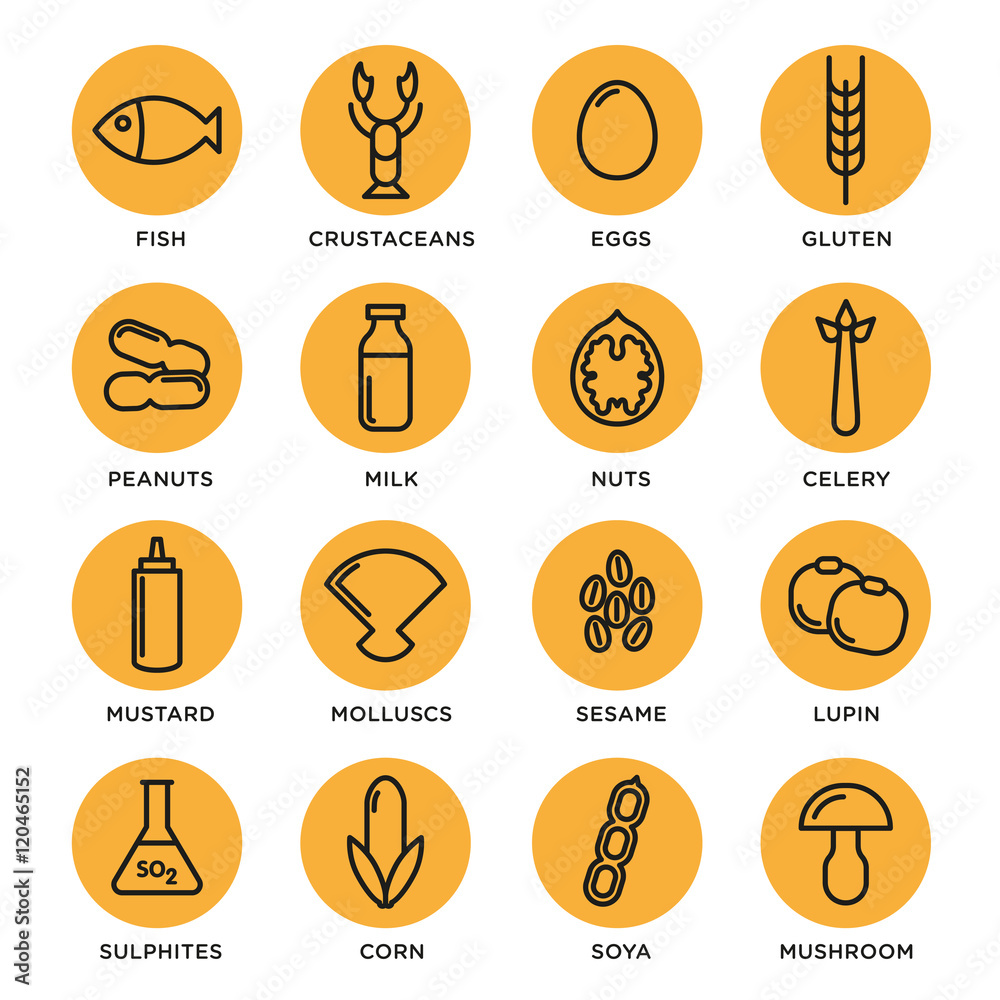 Allergen icons vector set. Food allergens symbols emblems signs ...