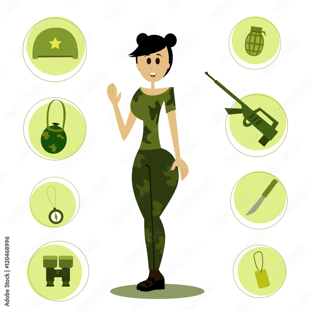 Cartoon female soldier with simple military icons. Stock Vector | Adobe ...
