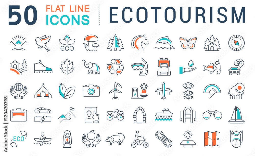 Set Vector Flat Line Icons Ecotourism Stock Vector | Adobe Stock