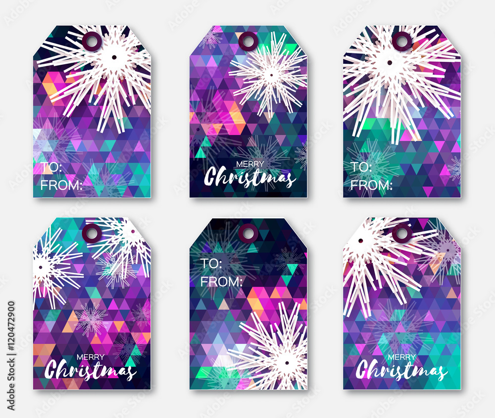 Purple polygonal Festive collection of Christmas labels with snowflakes ...