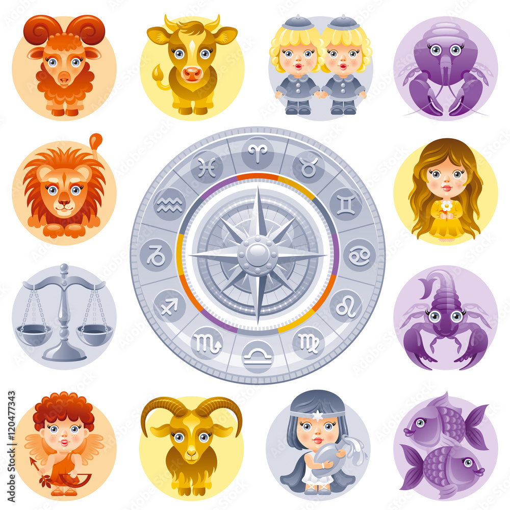 Zodiac signs icon set. Cute cartoon characters. Abstract template Aries ...