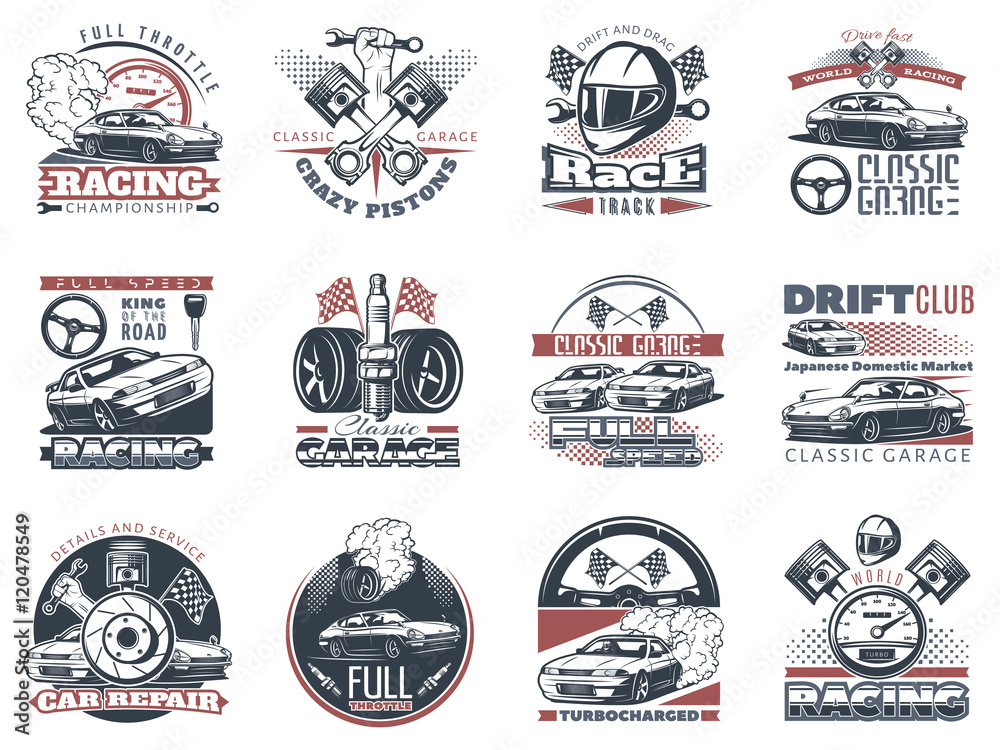 Set of car racing colored emblems, labels and championship race badges ...