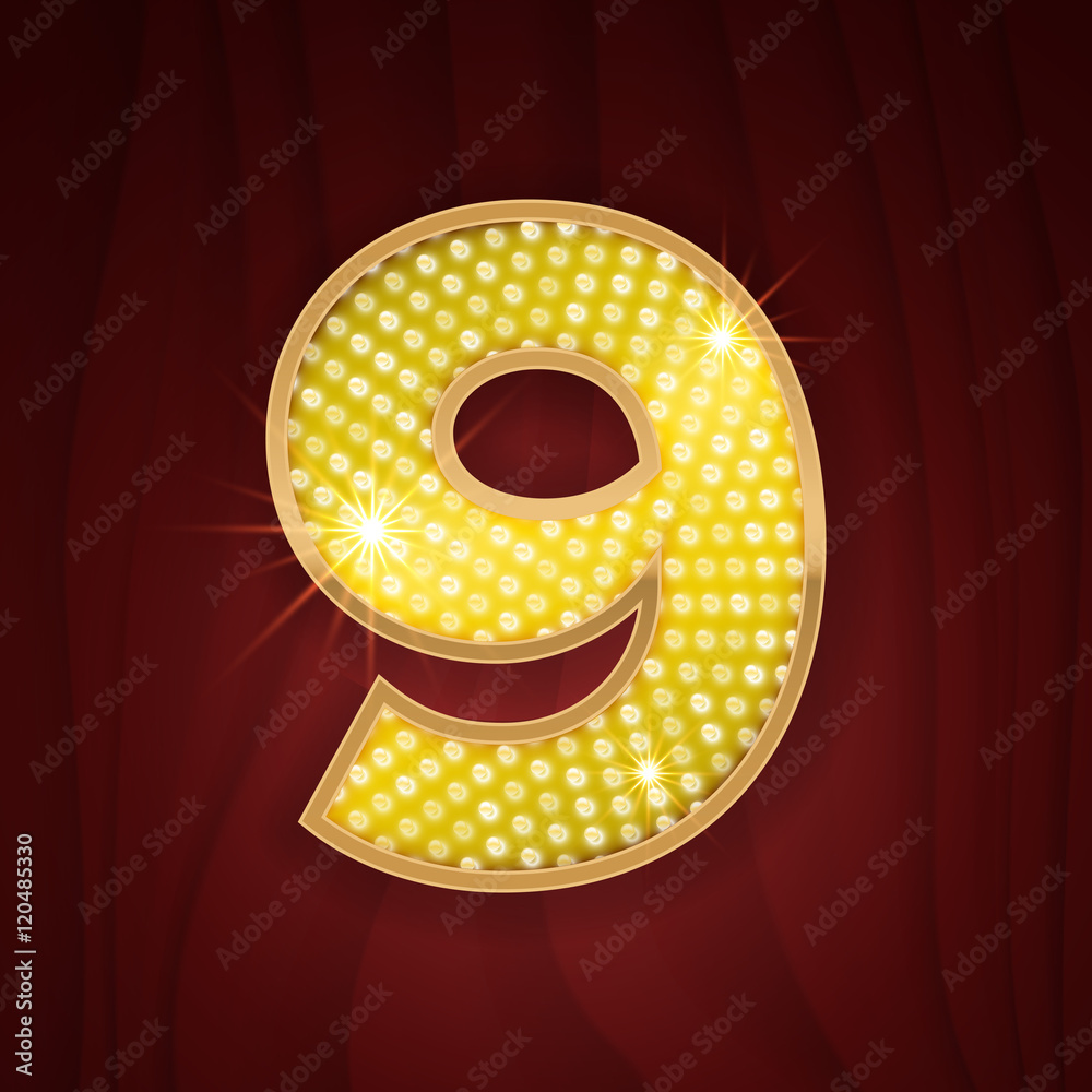 Gold light lamp bulb number 9 Nine Stock Vector | Adobe Stock