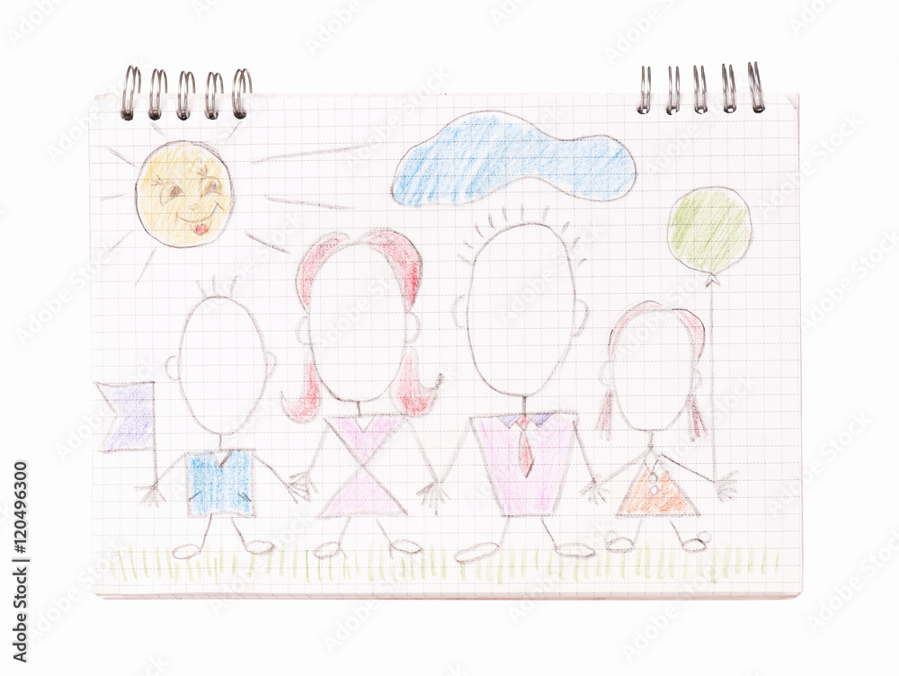 Family on the notebook sheet. Kids drawing happy parents with children ...