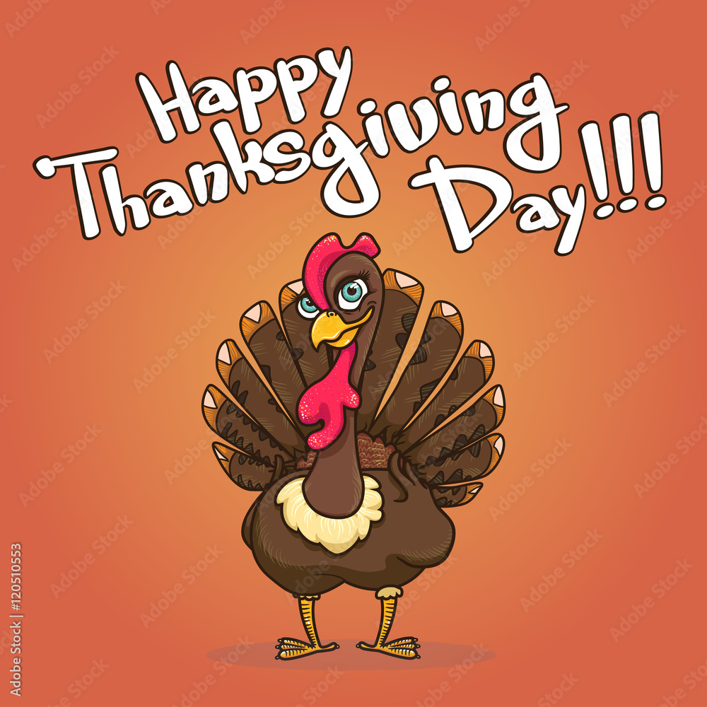 outline cartoon turkey with a smile and text on bright orange ...