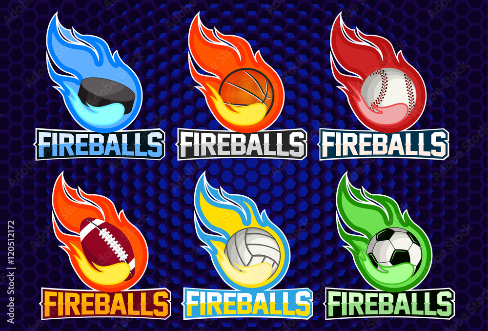 Flying different balls with fire flames on dark background. Design ...