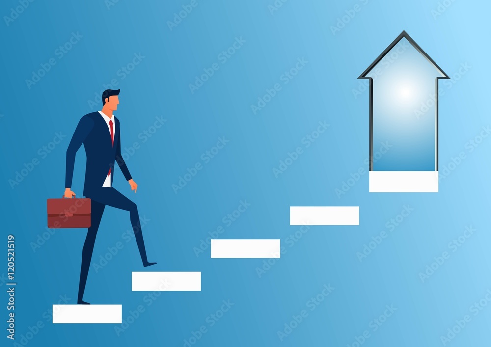 Businessman walking on stair step to door arrow sign and success ...