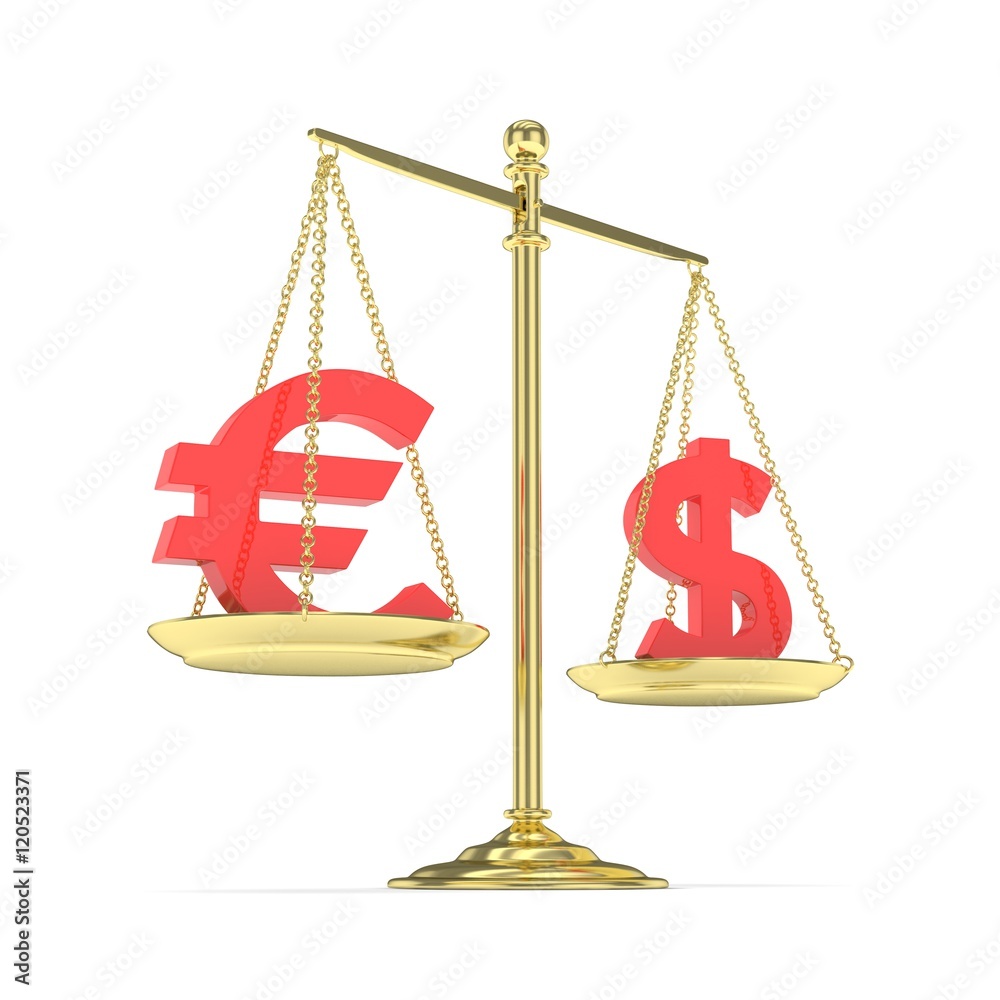 Isolated golden scales with red dollar and euro currency. American and ...