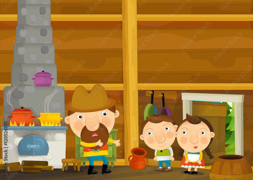 Cartoon happy and funny traditional scene with family in old house ...