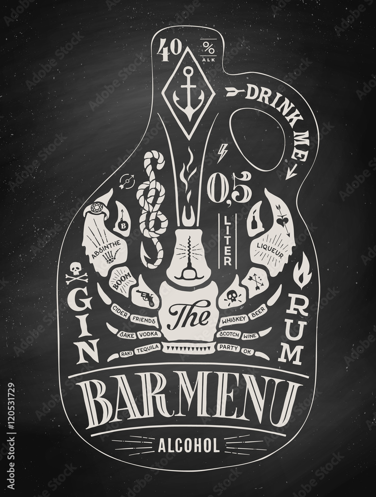 Poster bottle of alcohol with hand drawn lettering. Chalk vintage ...