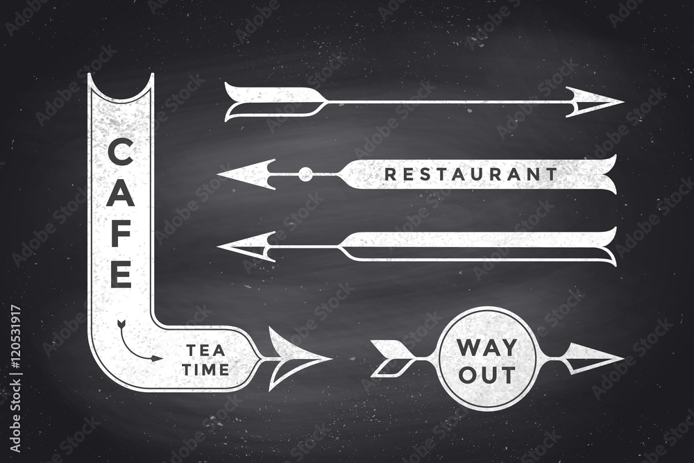 Set of vintage arrows and banners with text Cafe, Way Out, Restaurant ...