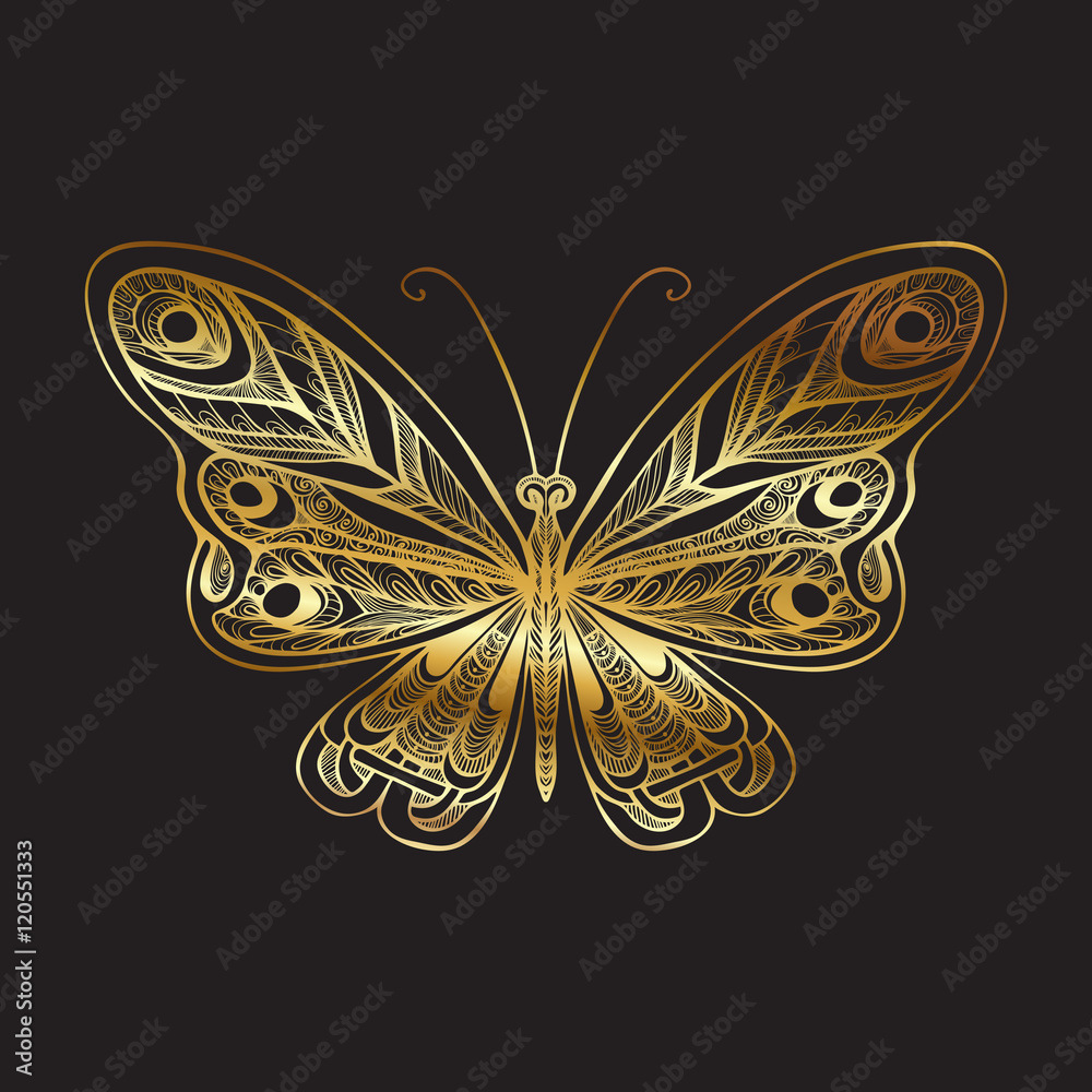 Gold decorative elegant patterned butterfly on black background Stock ...