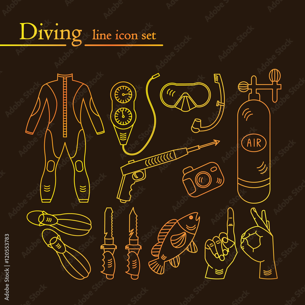 Vector line icons with diving equipment Stock Vector | Adobe Stock