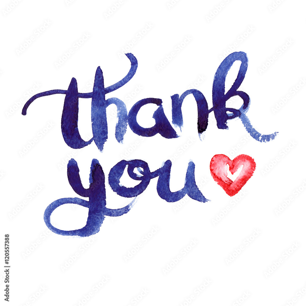 Simple dark blue hand written words "thank you" and small red heart ...
