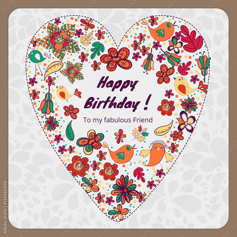 Template greeting card. happy Birthday, Flowers in heart shape. Heart ...