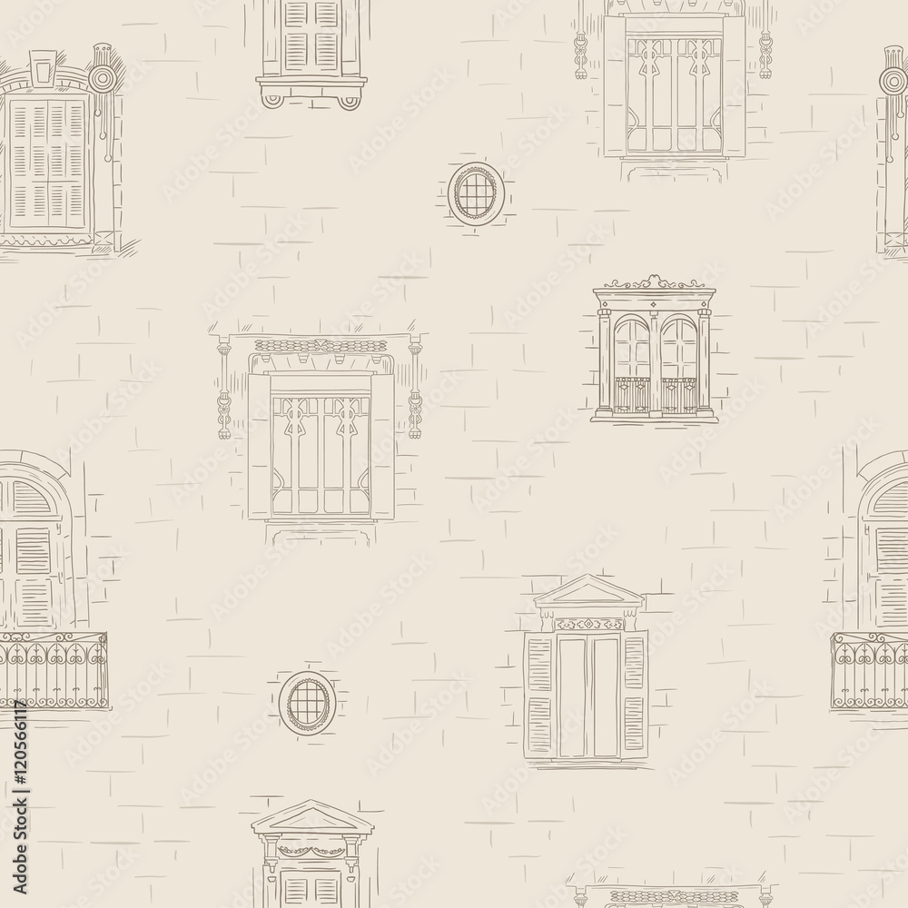 Hand drawn windows paper pattern background. Vintage architecture line ...