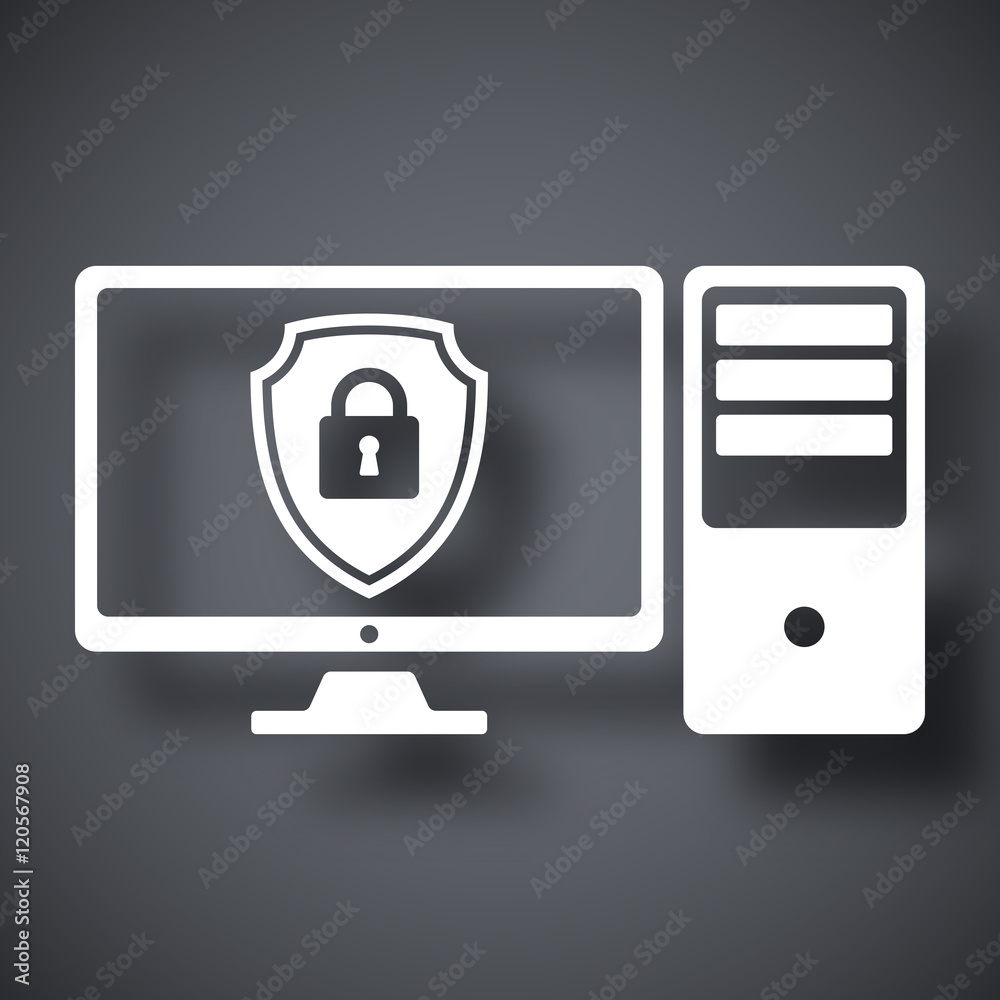 Vector Desktop computer icon with a protective shield symbol on a ...