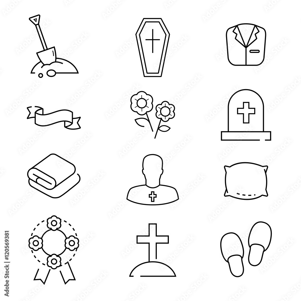 Icons set for funeral agency. Line symbols isolated on white background ...