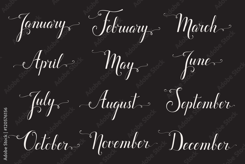 Handwritten names of months. Elegant calligraphic words isolated on ...