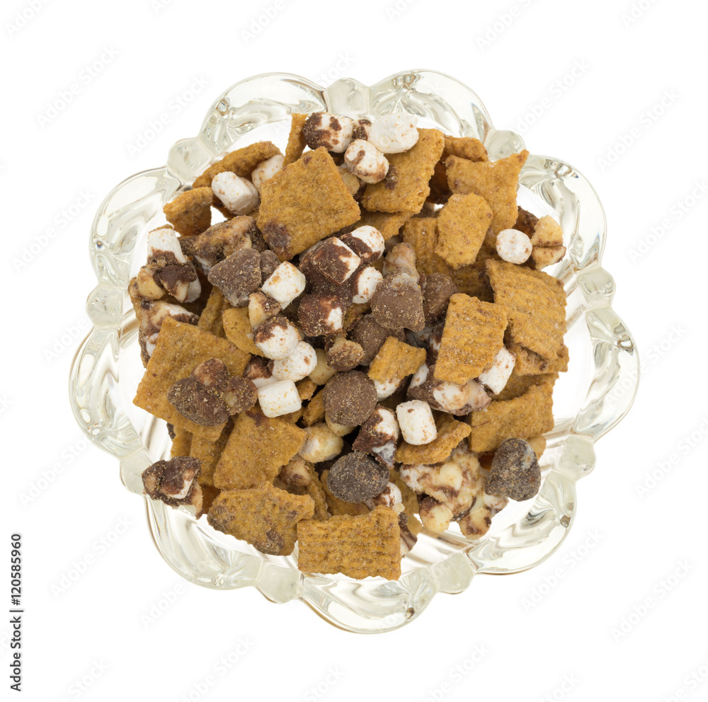 Smores candy mixture in a glass bowl top view isolated on a white ...
