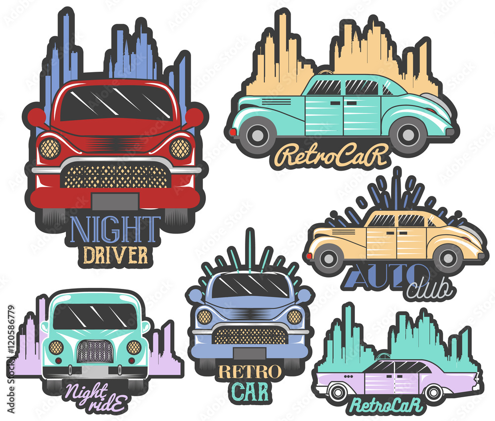 Vector colorful set of retro car club logos, banners, badges, labels or ...