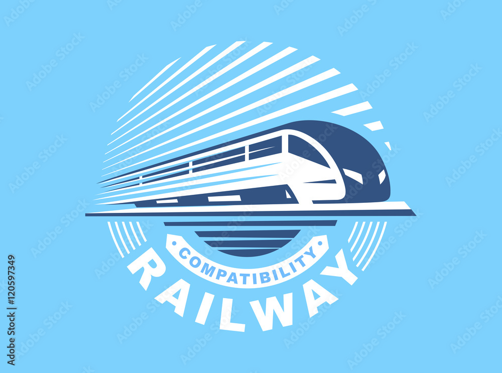 Train logo illustration on blue background, emblem Stock Vector | Adobe ...