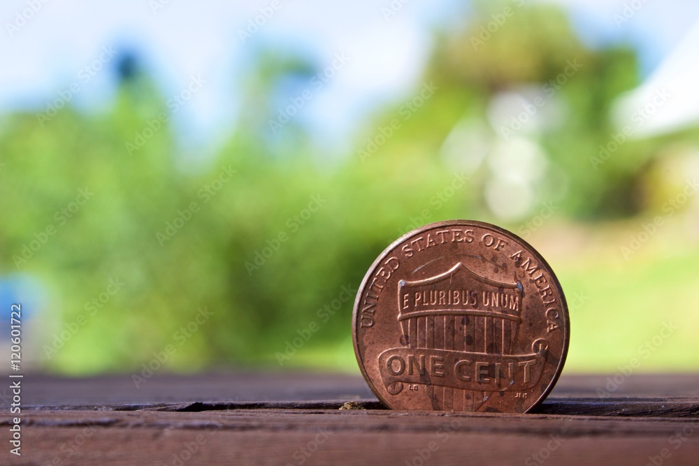 Penny coin with blur background sitting on a wooden floor Stock Photo ...