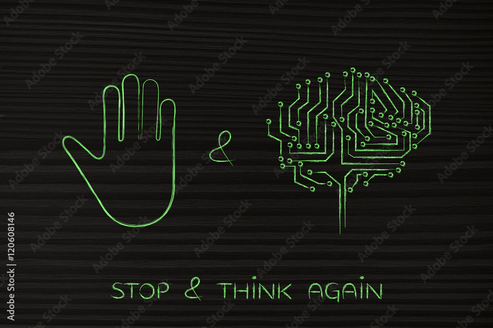stop & think, hand gesture and electronic brain Stock Photo | Adobe Stock