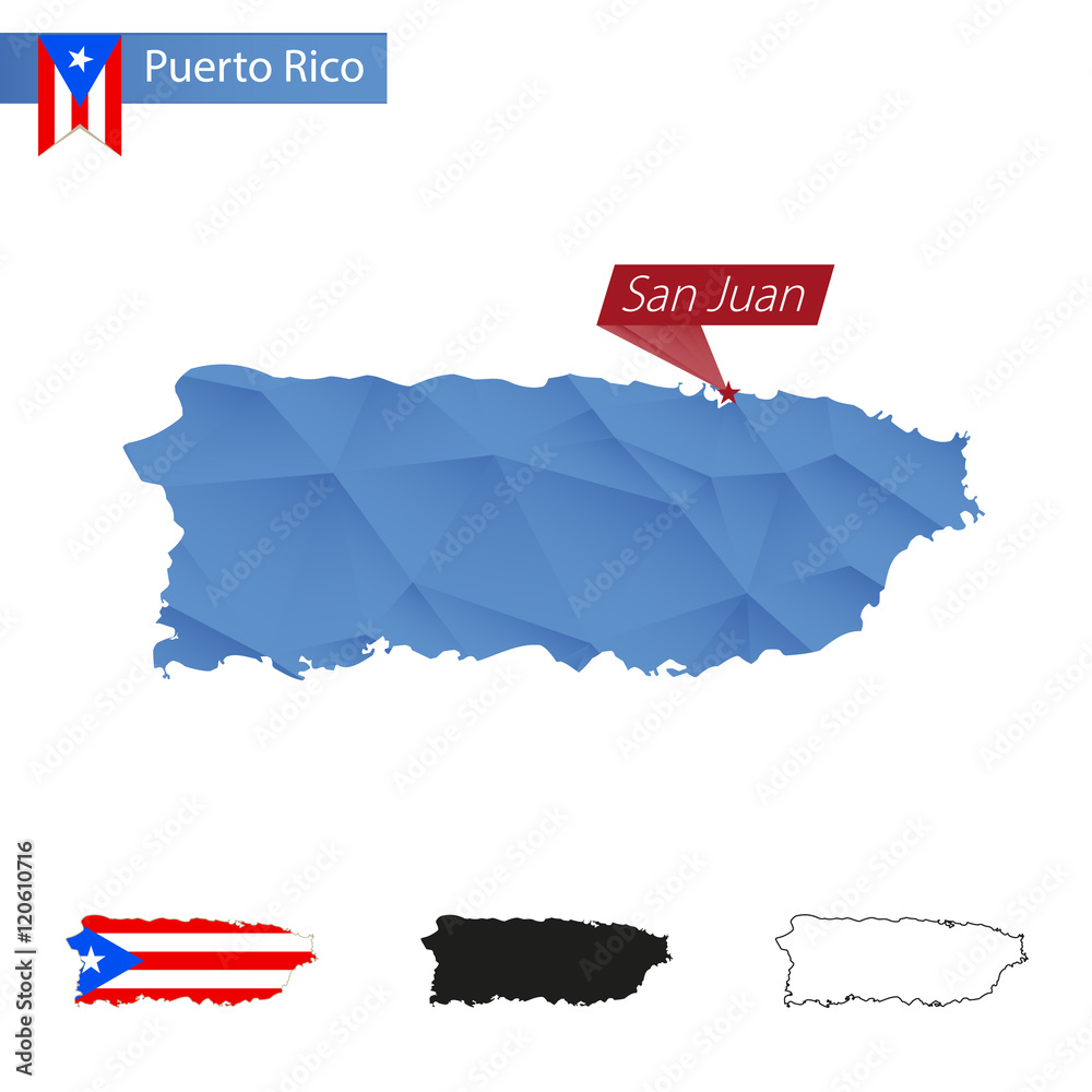 Puerto Rico blue Low Poly map with capital San Juan. Stock Vector ...