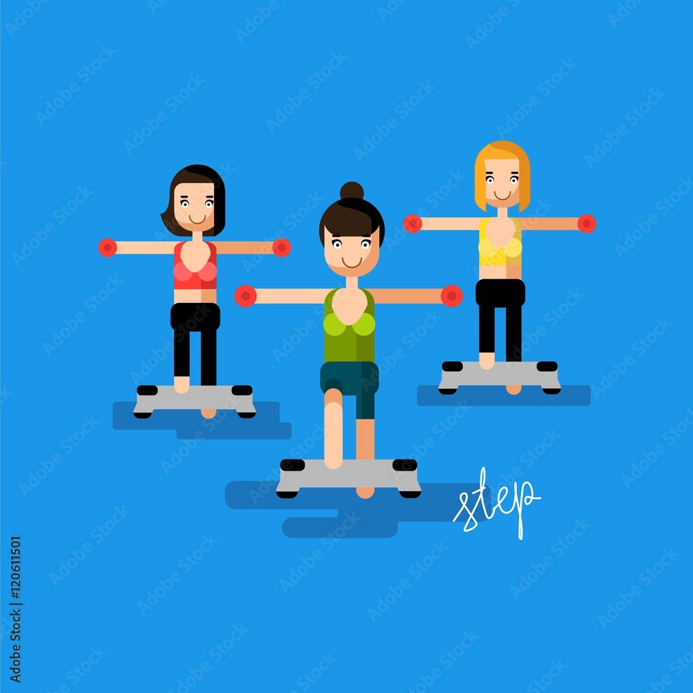 Women fitness flat vector illustration - step aerobics with lettering ...