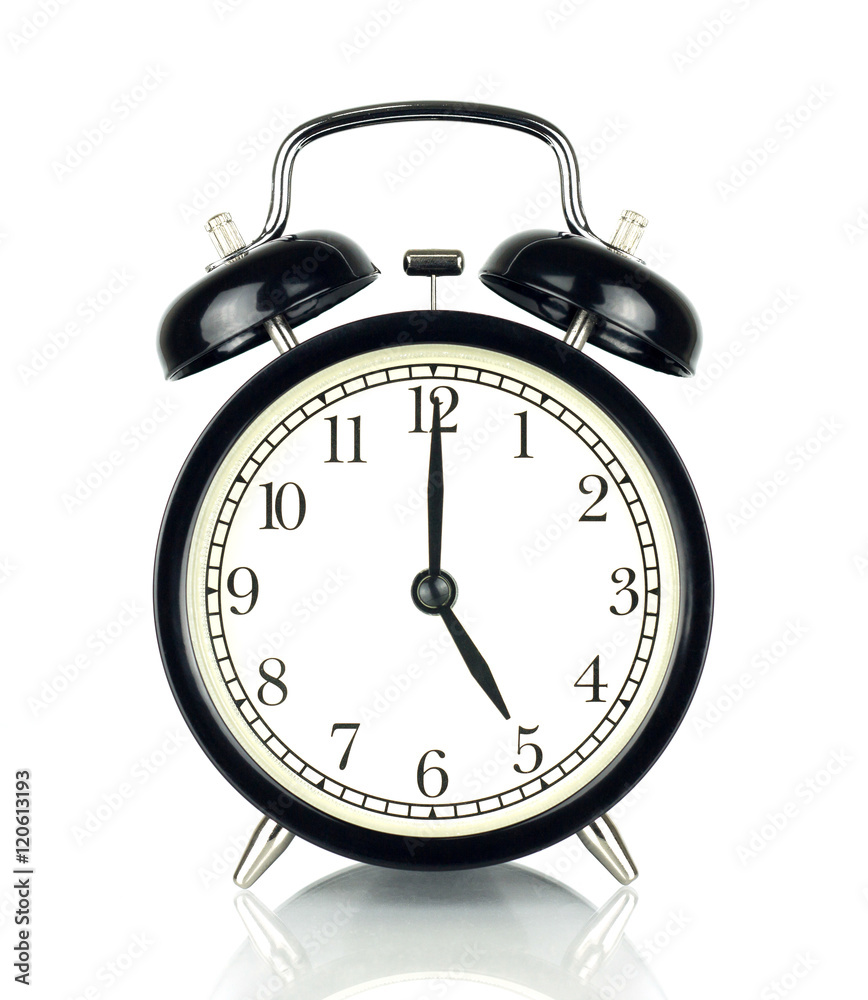 Alarm Clock isolated on white, in black and white, five o'clock. Stock ...
