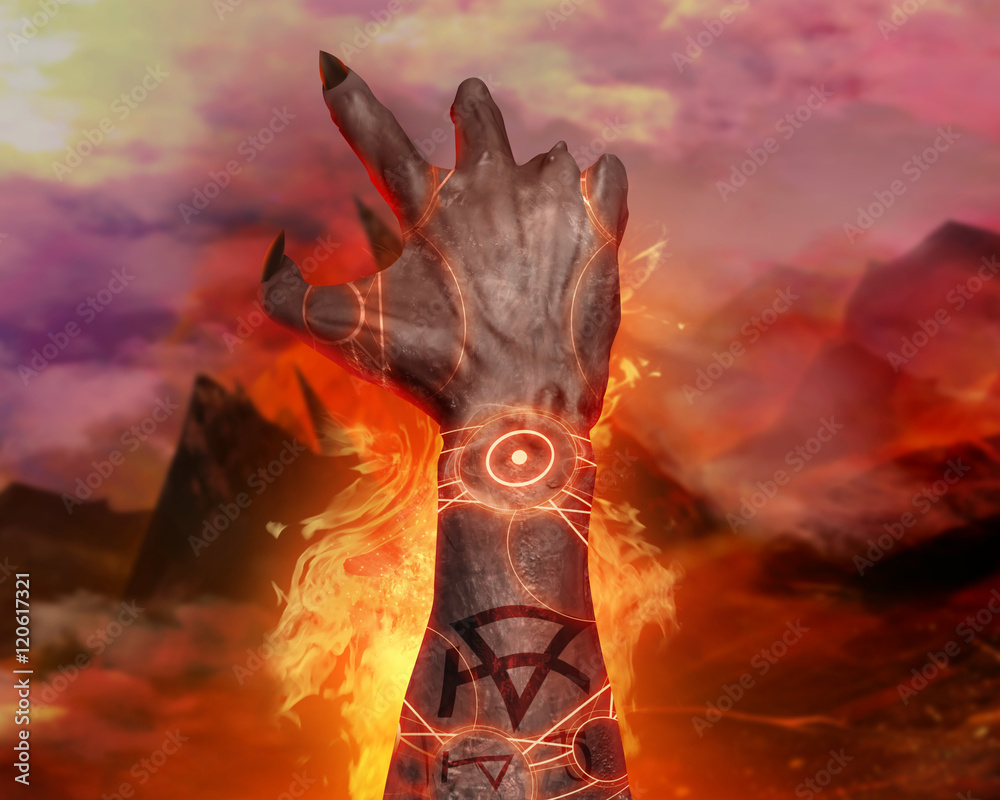 3D illustration of a first person demon hand magic. 3d first person ...