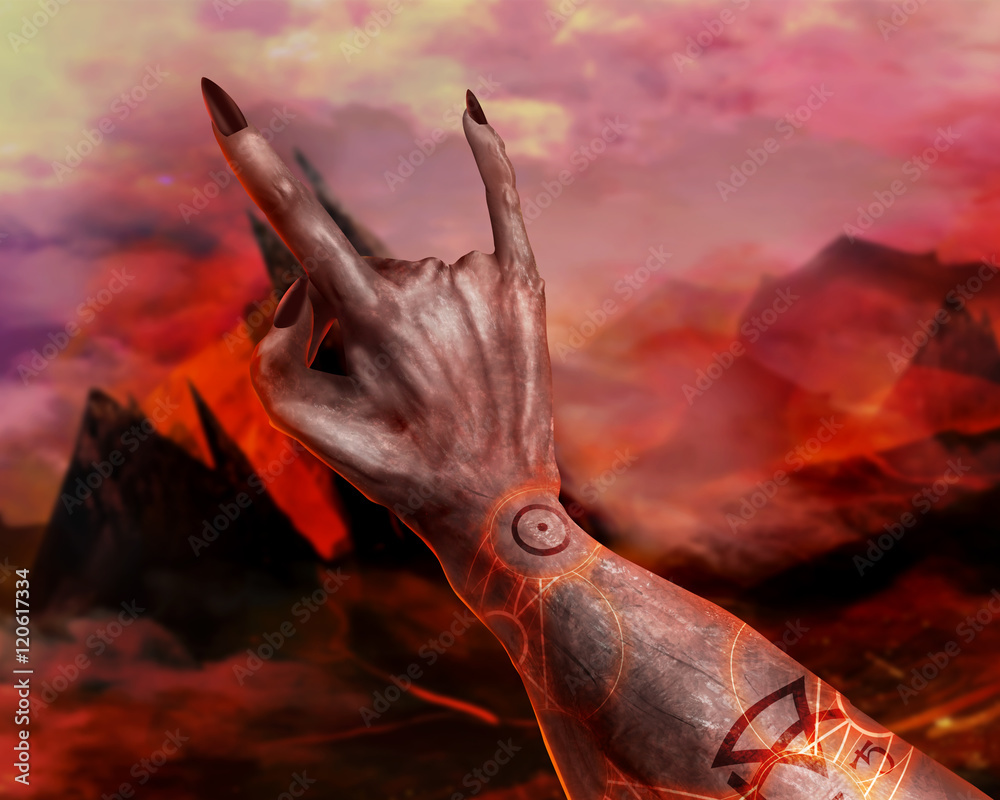 3D illustration of a first person demonic hand. Artwork of a 3d first ...