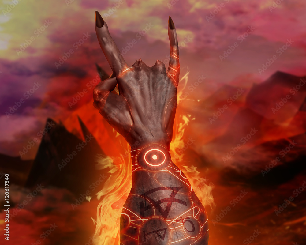 3D illustration of a first person demonic hand. Artwork of a 3d first ...