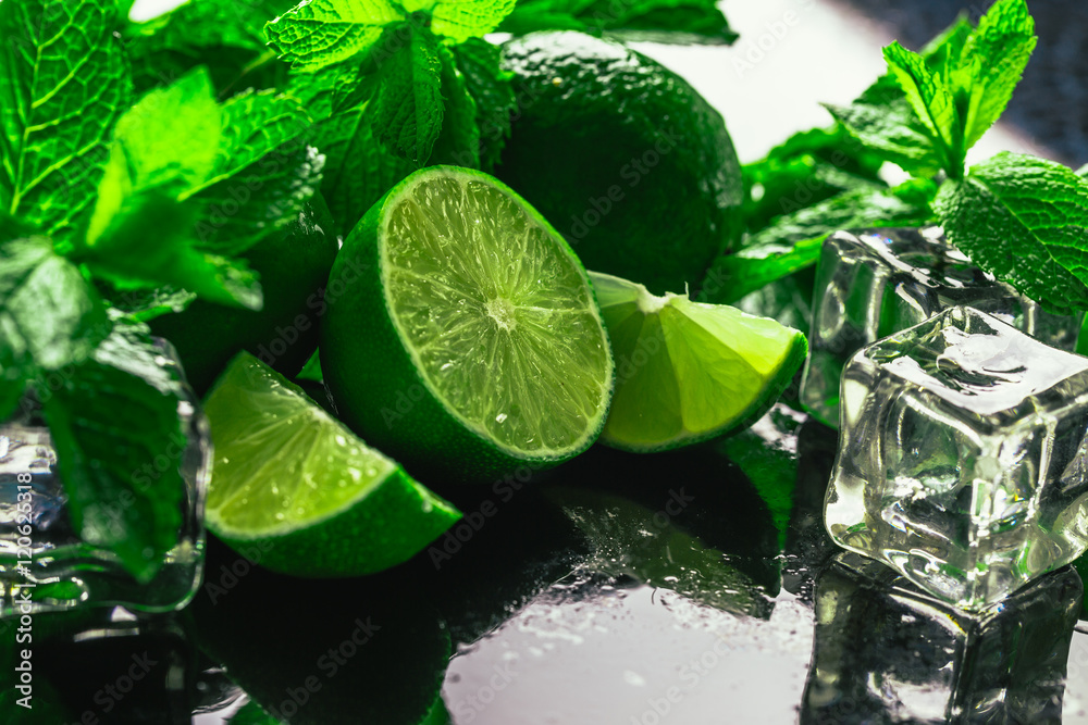 fresh green mint and lime ice cube close-up on a dark background Stock Photo | Adobe Stock