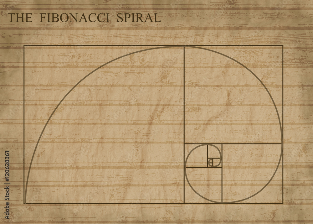 The Fibonacci spiral (also known as the Golden Spiral) on sepia retro ...