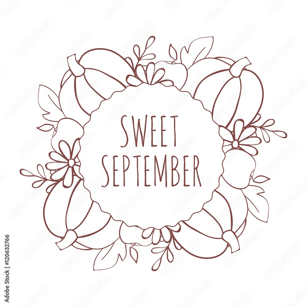 Hand drawn card with pumpkins, apples and leaves isolated on white ...