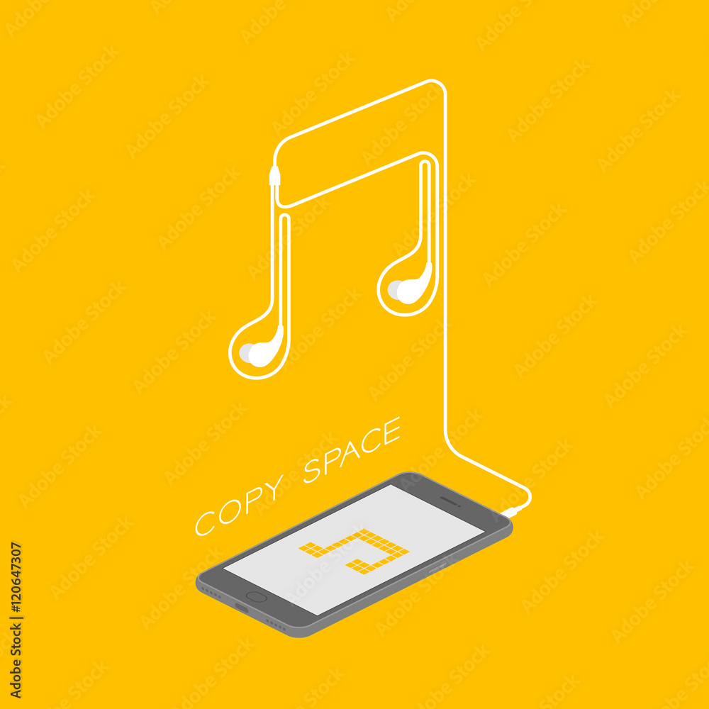Smartphone black color isometric flat design, music note pixel yellow ...