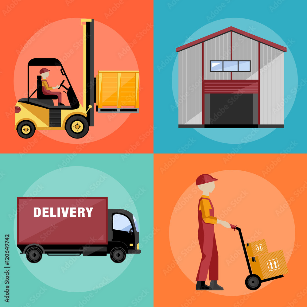Warehouse process infographics four banners. Supply chain illustration ...