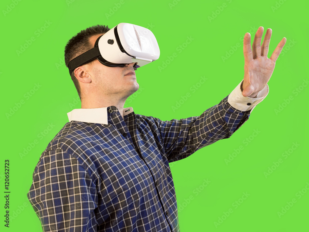 Man by Green Screen with Hand Extended Wearing VR 360 Glasses Stock ...