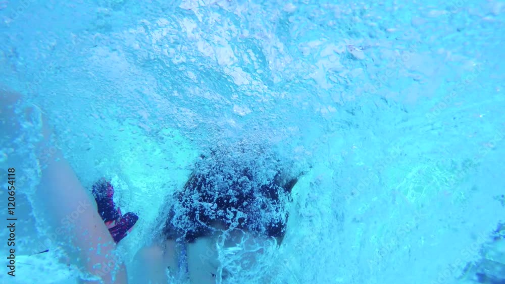Underwater footage of two kids jumping into a swimming pool and diving ...