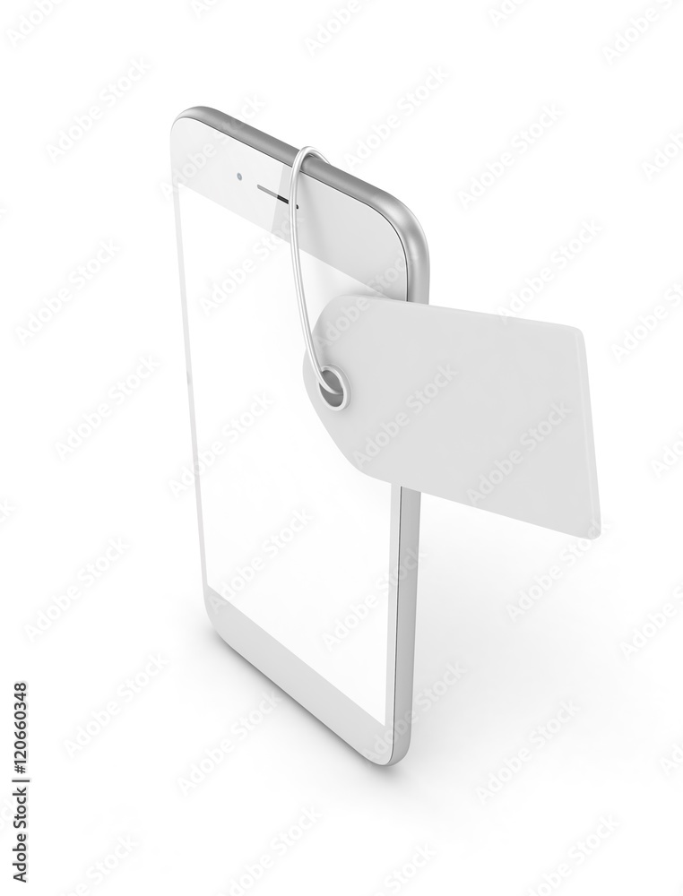 White smart phone with white price tag on white background ...
