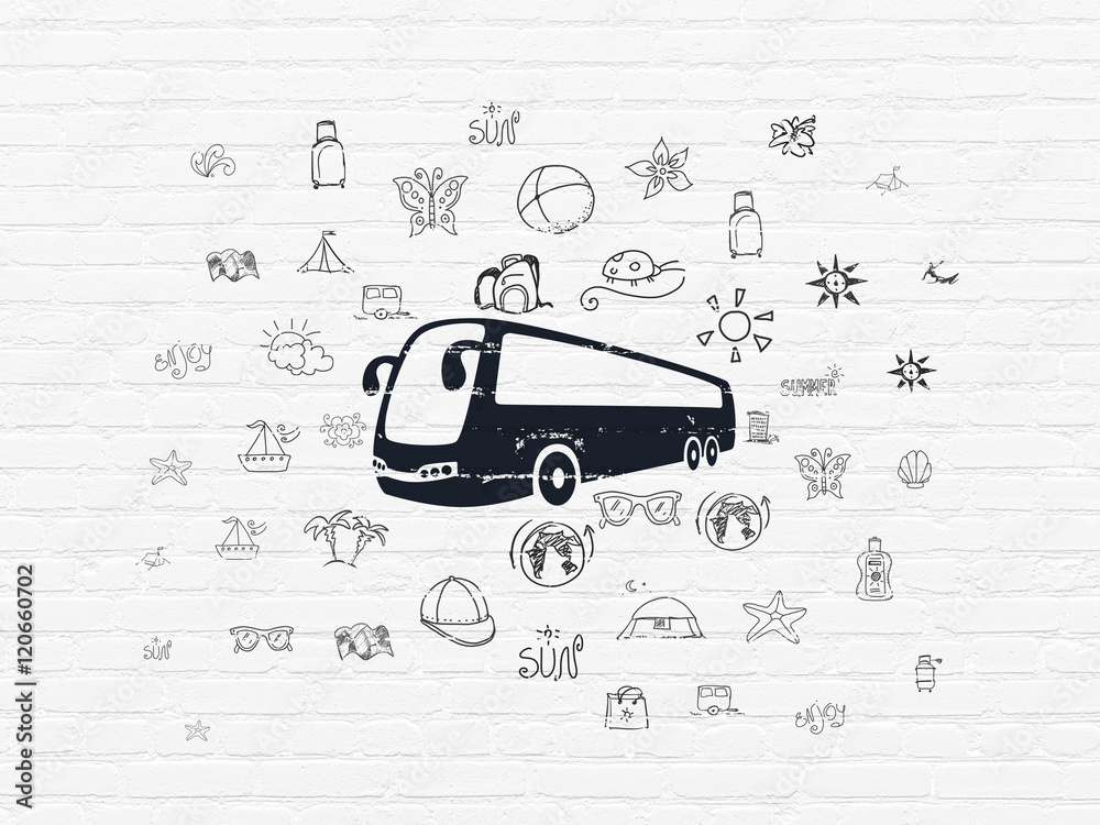 Travel concept: Bus on wall background Stock Illustration | Adobe Stock