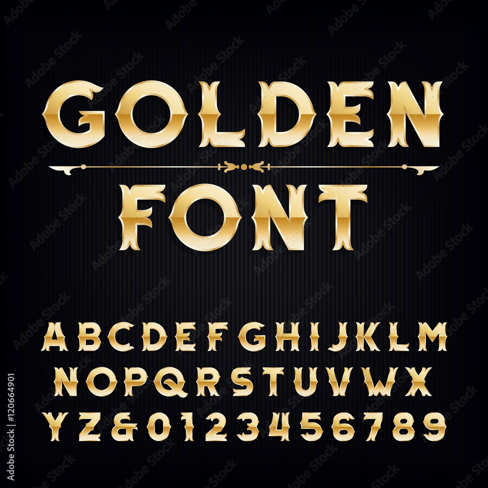 Golden vintage alphabet font. Metalic effect letters and numbers. Retro ...