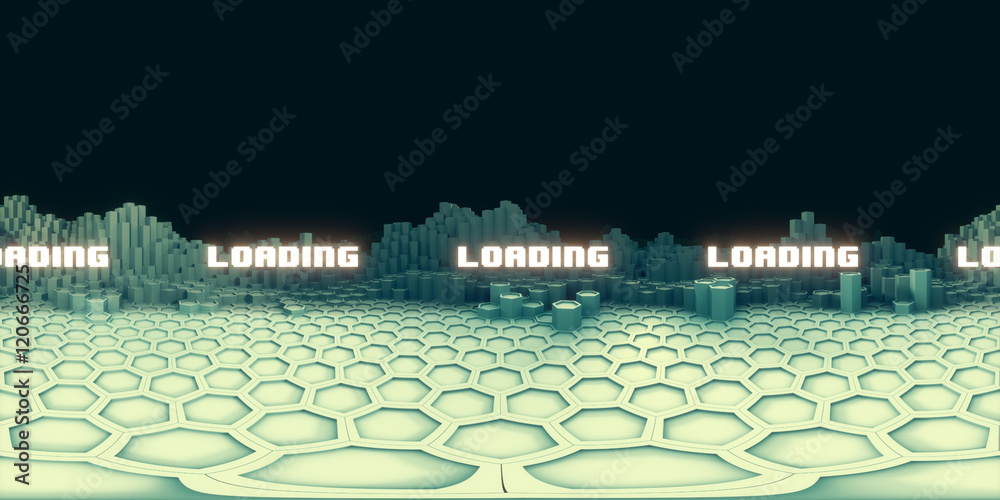 360 VR Loading Screen with Glowing Text and graphic Hexagonal Landscape ...