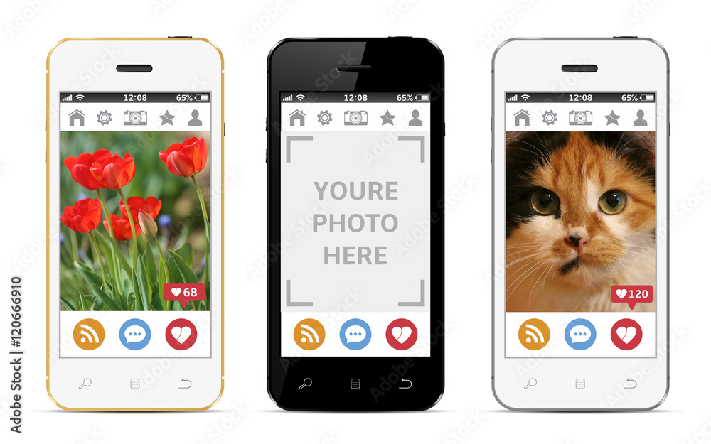 Mobile phones with photos template. Social network mock-up. Stock Photo ...