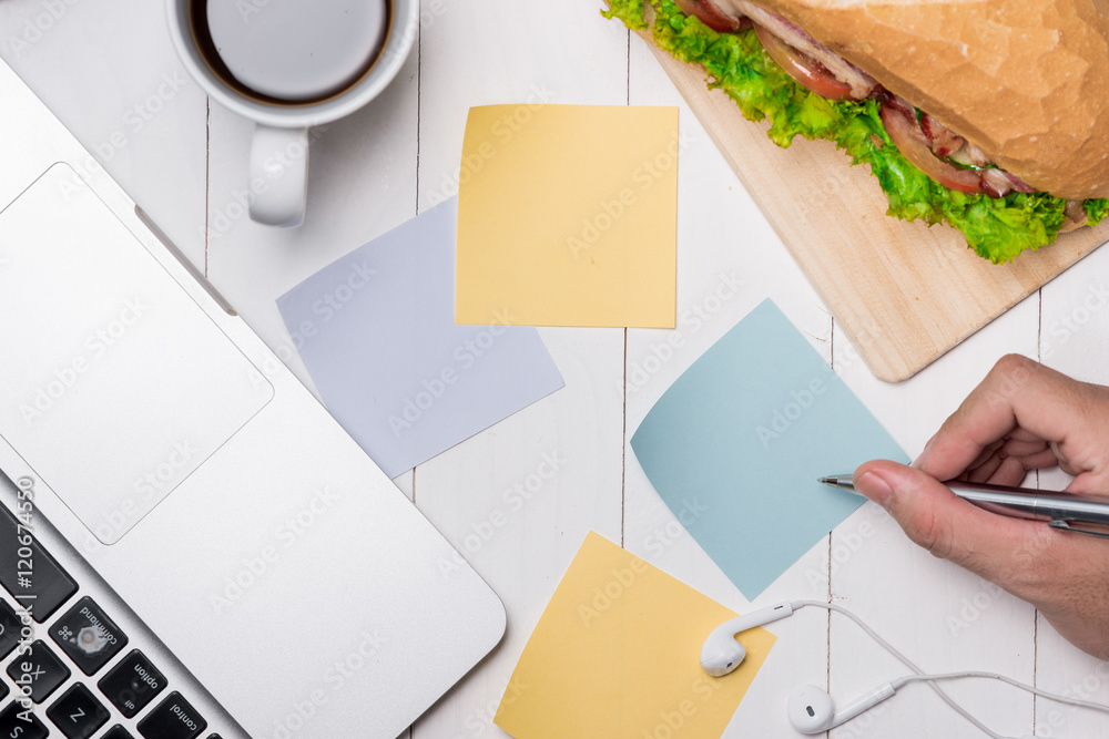 Snack at break time. Healthy business lunch in office, top view Stock ...