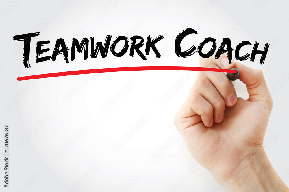 Hand writing Teamwork coach with marker, concept background Stock Photo ...